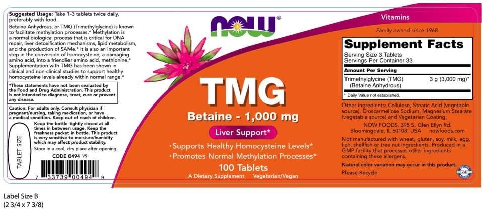 NOW Supplements TMG, 1,000mg - 100 Tablets